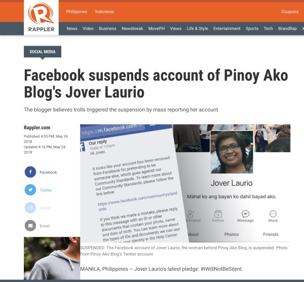 Pinoy Ako Blog’s Jover Laurio Blames Rappler And Vera Files For FB ...